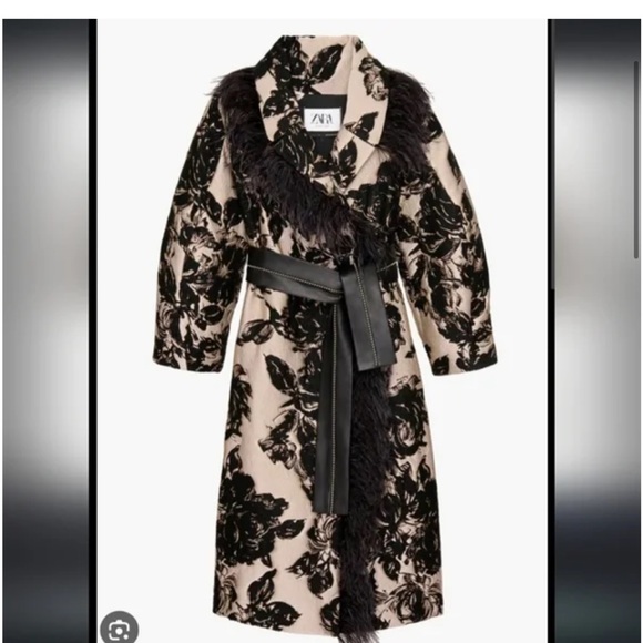 Zara | Jackets & Coats | Zara Atelier Black Shadow Coat Ostrich Floral ...